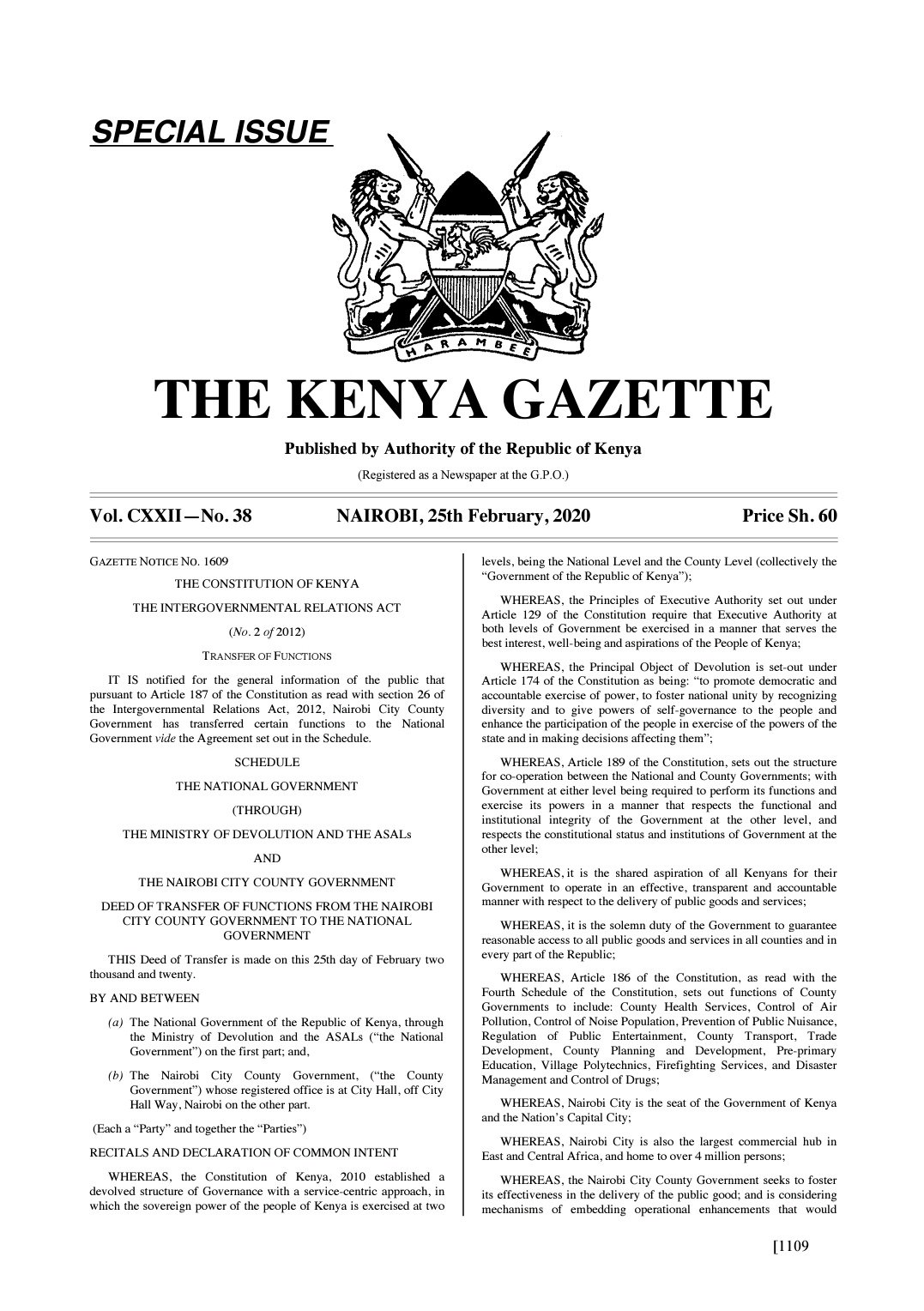 Kenya Gazette Notice On Transfer Of Nairobi Functions Samrack Media